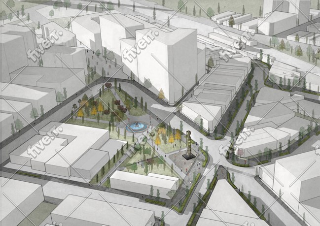 Stylish architectural collage renders floor plan, elevation , section ...