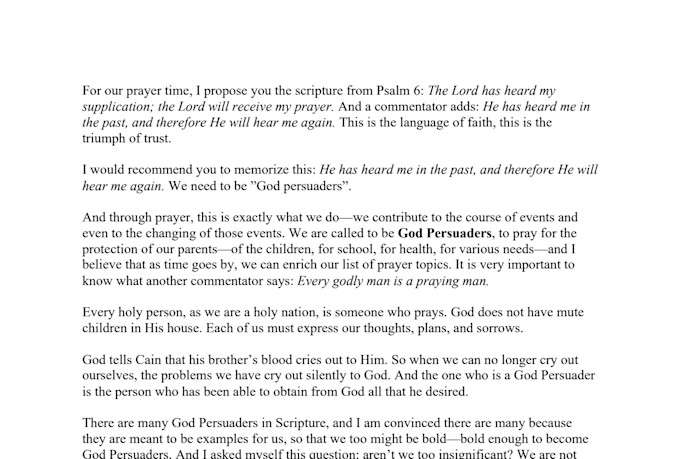 Write a customised sermon about prayer, christ, sin, education ...