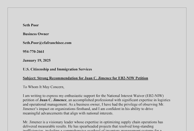 Write recommendation letter and expert opinion for eb2 niw eb1a 01 visa ...