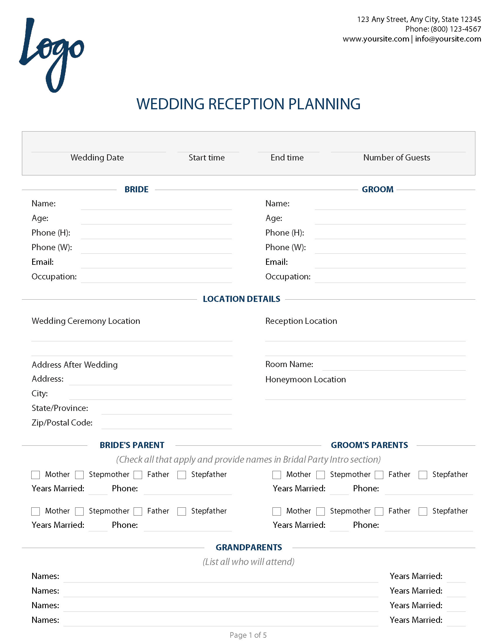 Wedding Reception Planning Form