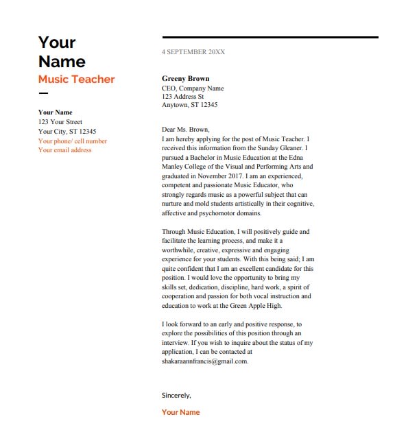Music Education Cover Letter Letters Of Recommendations For Greg