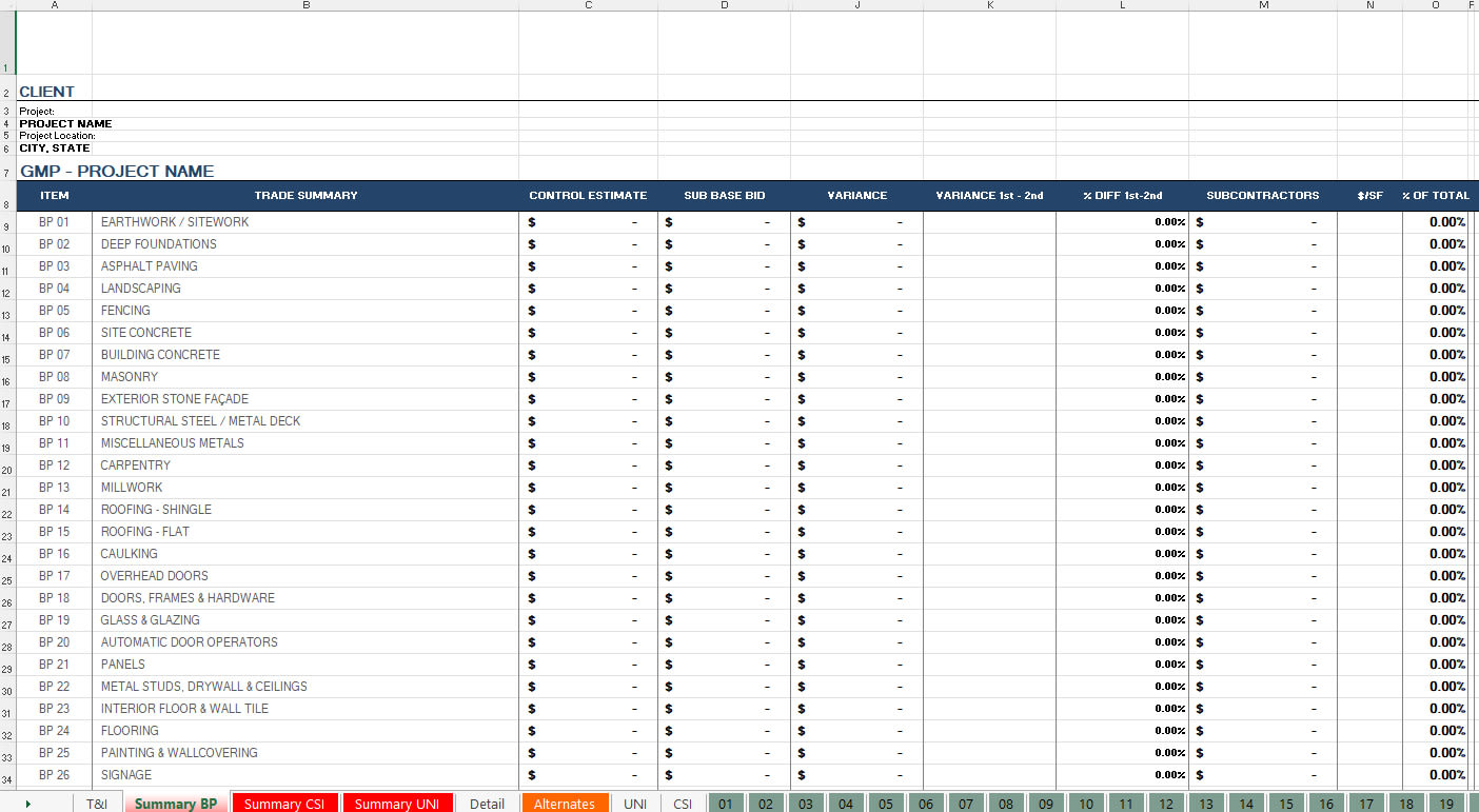 Excel Construction Bid Template Easy Bid / Estimating Itemized Sheet