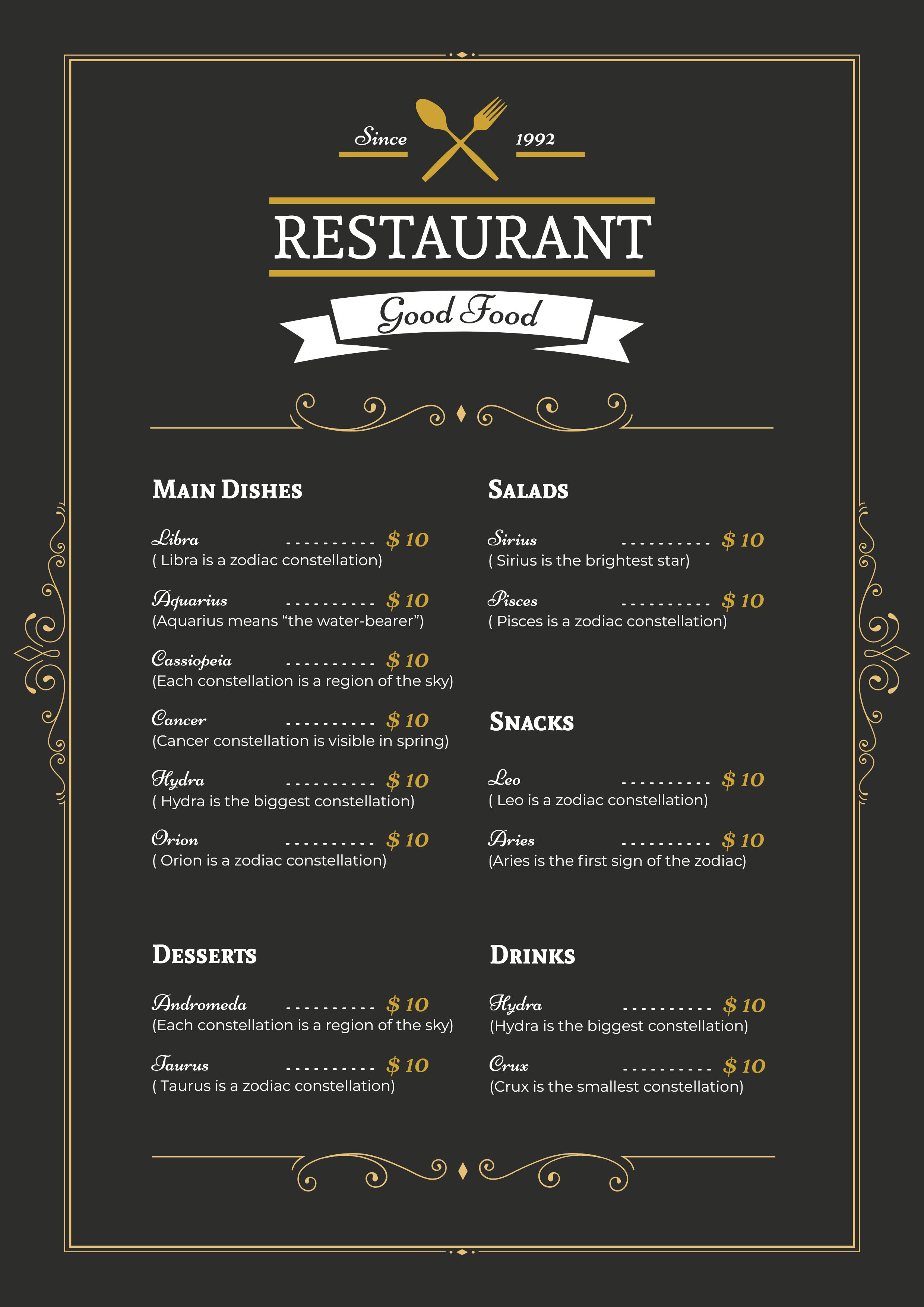 The zodiac restaurant menu 60 photos - Astrologytoyou.com