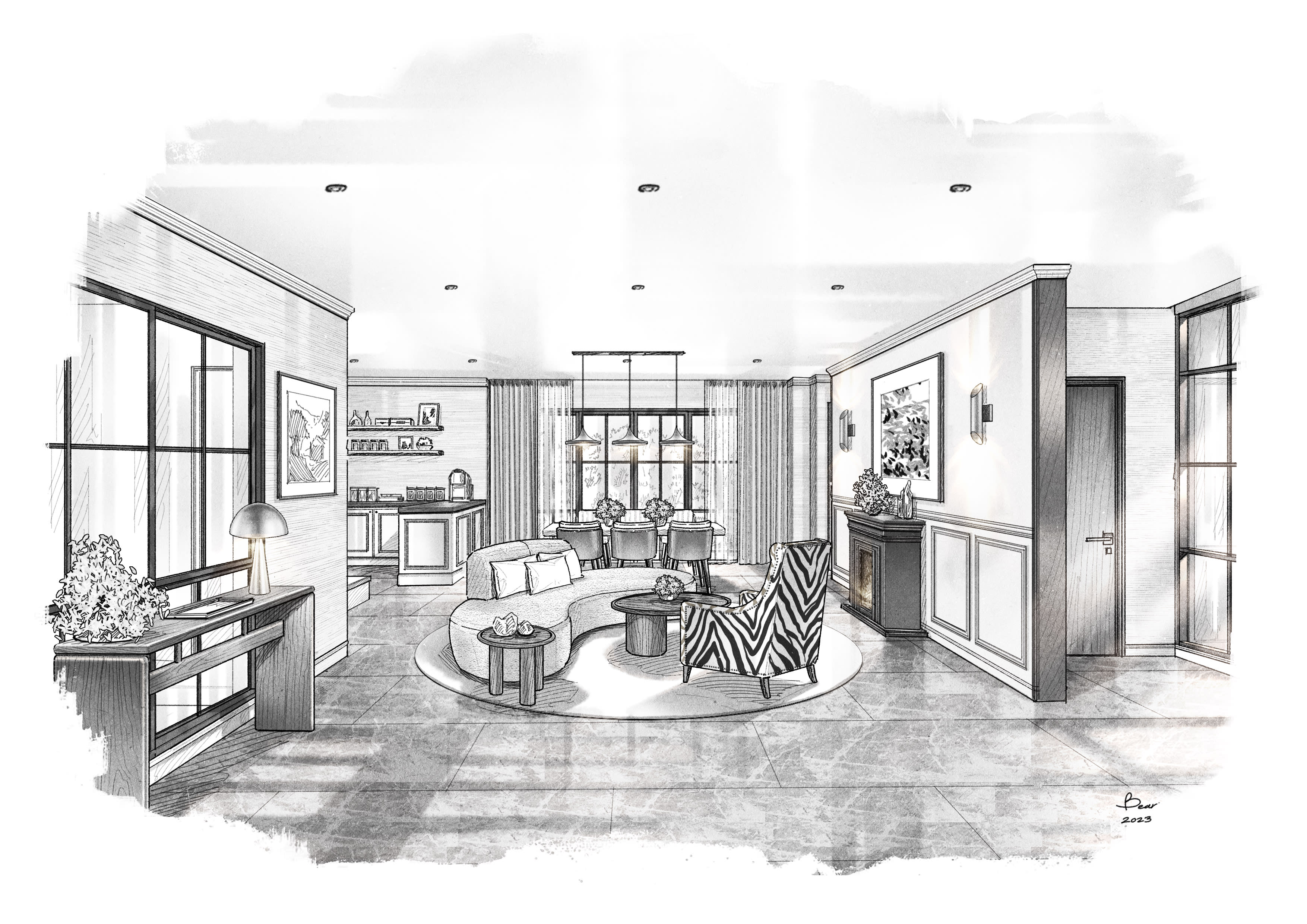 Black And White Interior Design Perspective Drawings