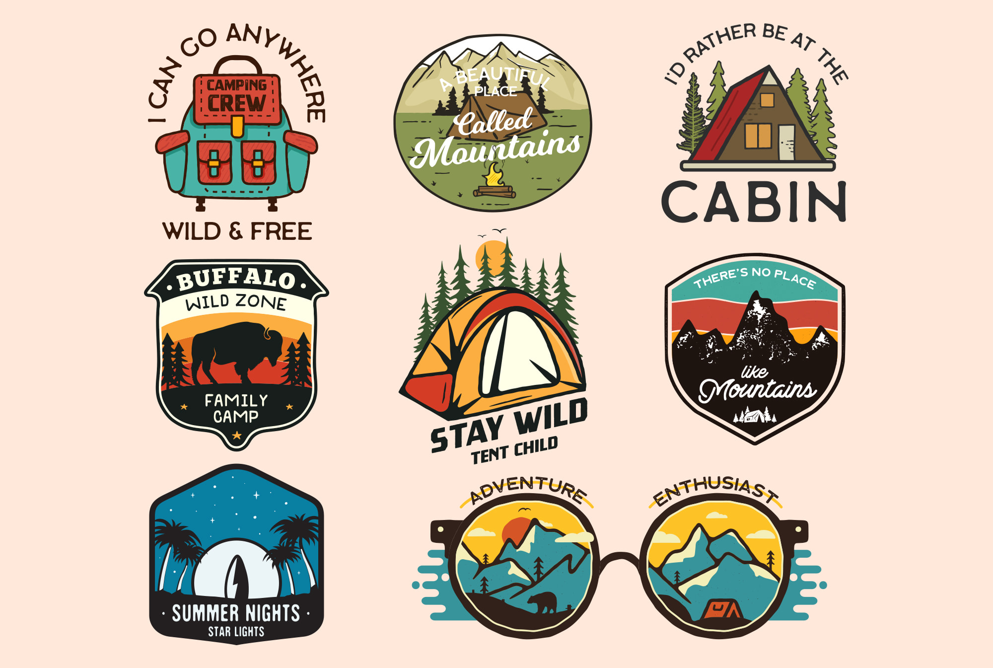 Retro Camp Logos Camping Logo Sets In Vintage Style Illustration