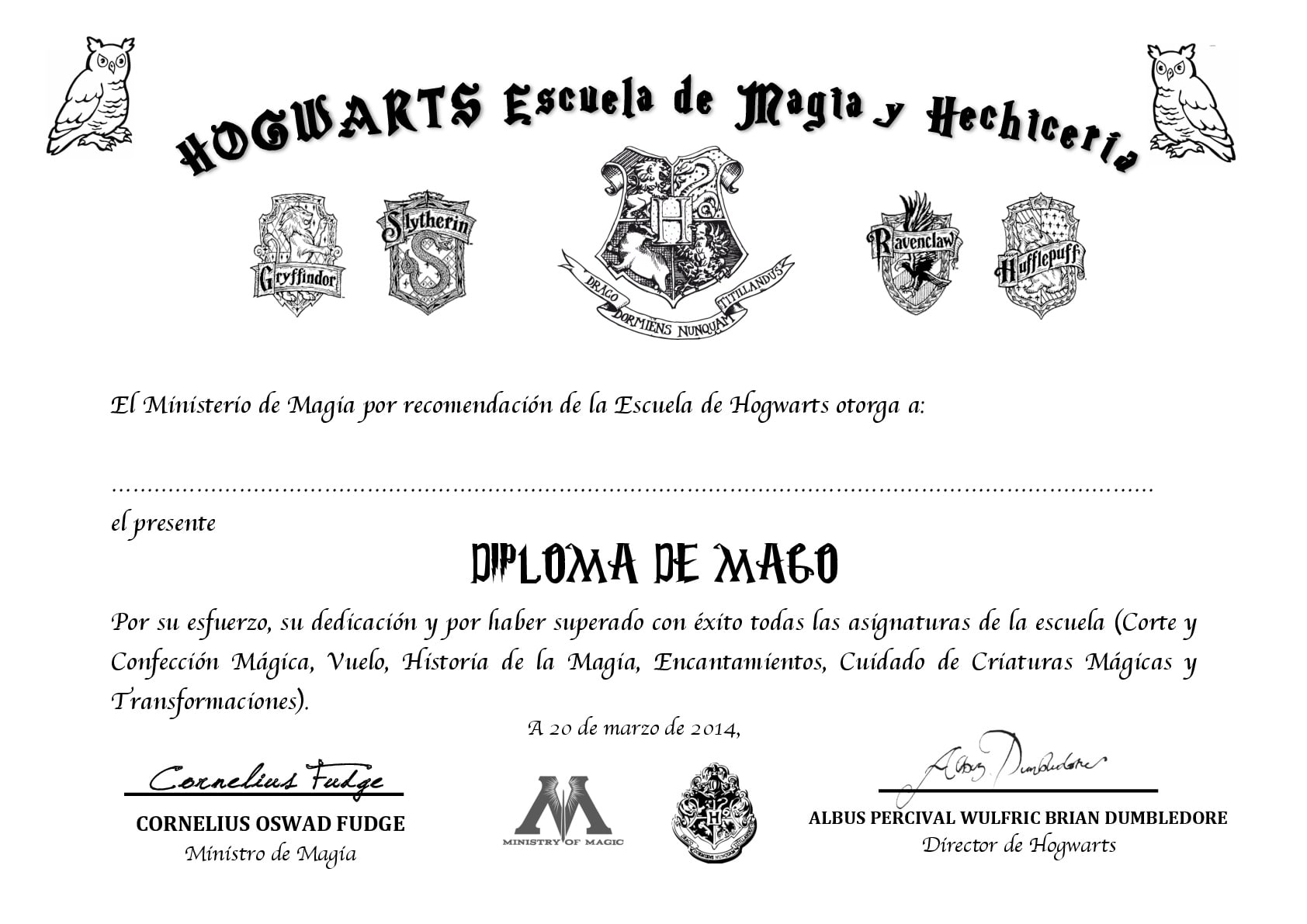Plantilla De Certificado De Hogwarts