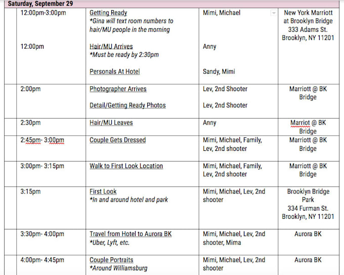 Create a detailed timeline for your event by Ginajurlando | Fiverr