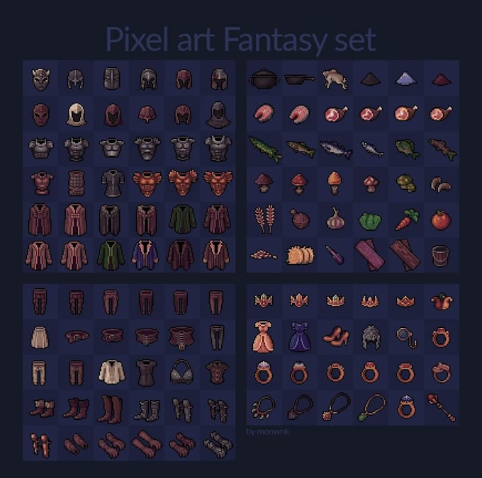 Create pixel art icon inventory equipment sets by Moonwnk | Fiverr