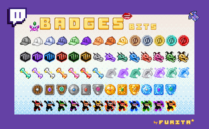 Draw pixel art bit, cheer, sub gifter badges by Furita | Fiverr