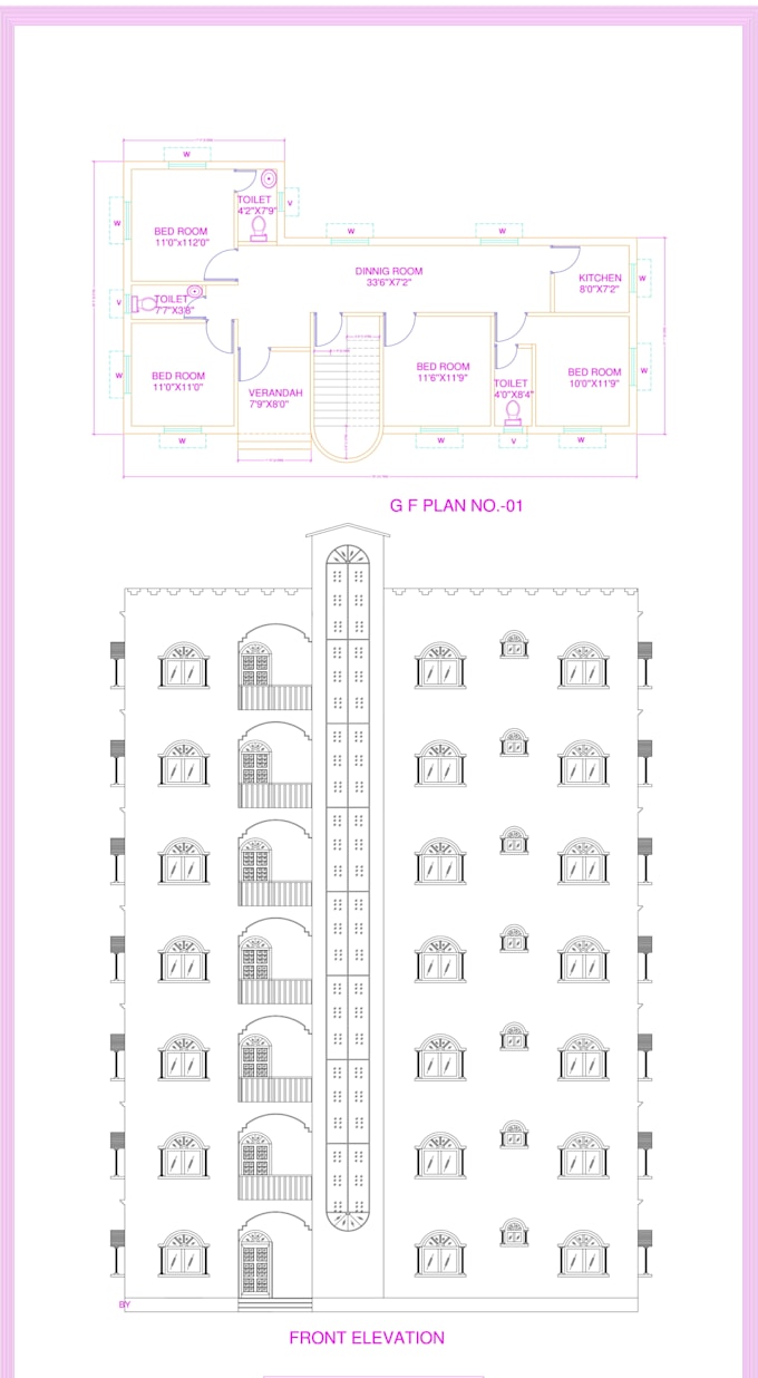Make 2d floor plan elevation or front left right and back view ...
