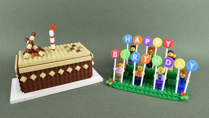 Make a birthday invitation video of minifigures building a cake by ...
