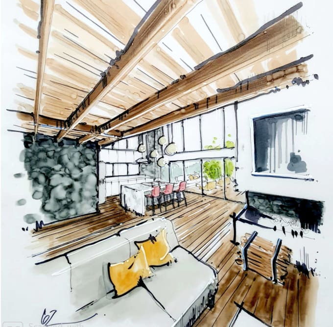 Make a handmade sketch of interior design by Gabrielazerpavi | Fiverr