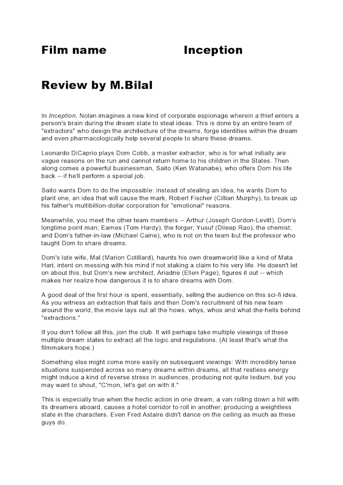 Write film reviews and provide pros cons of scripts by Bilalkhan0009 ...