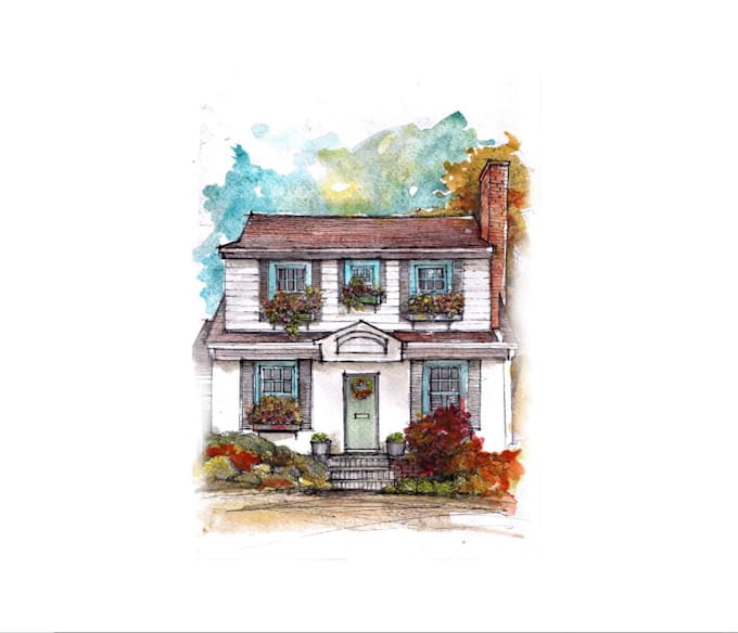 Hand draw architectural home building portrait sketches with watercolor ...
