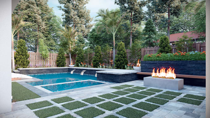 Design your pool, backyard, garden, landscape 3d rendering with ...