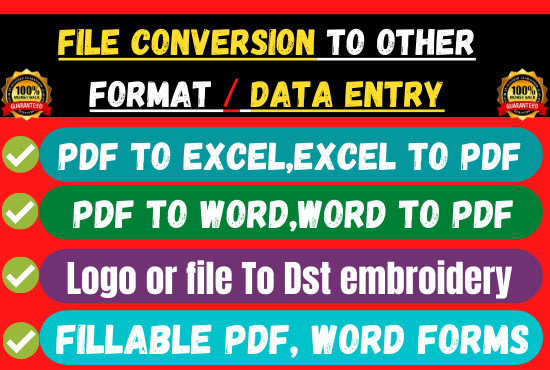 Do any file conversion to other file format, pdf,jpg,word,dst,avi,excel ...