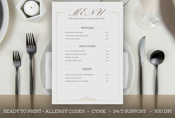 Create a professional and unique high quality restaurant menu ready to ...