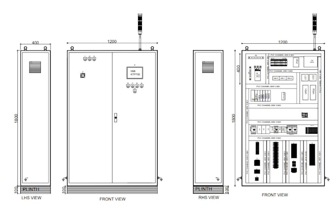 Mcc, dcs and pws panel dimensional outline drawing, detailed layout ...