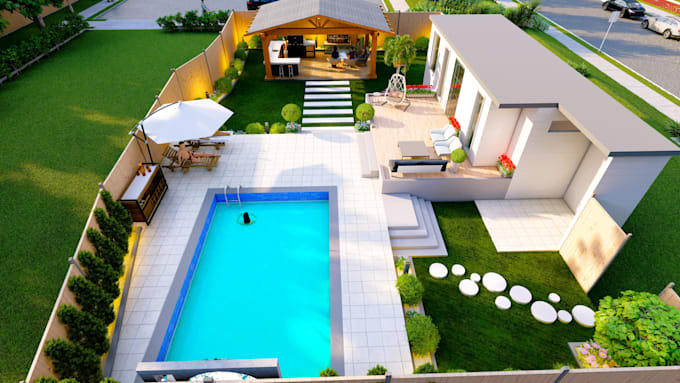 Do 3d terrace, pool front and backyard landscape design by Archetivess ...