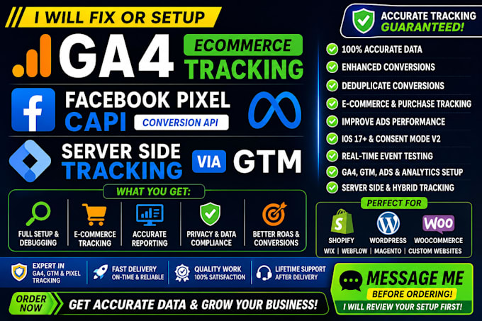 Fix or setup ga4, server side tracking, google tag manager, facebook ...