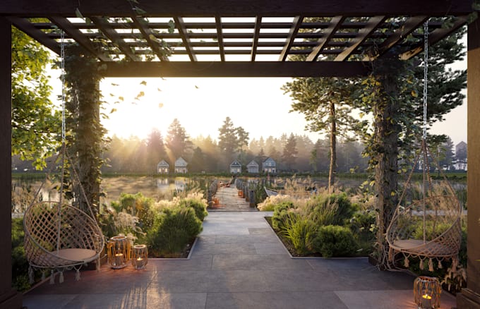 Model and render 3d terrace,courtyard, pool, pond landscape by ...