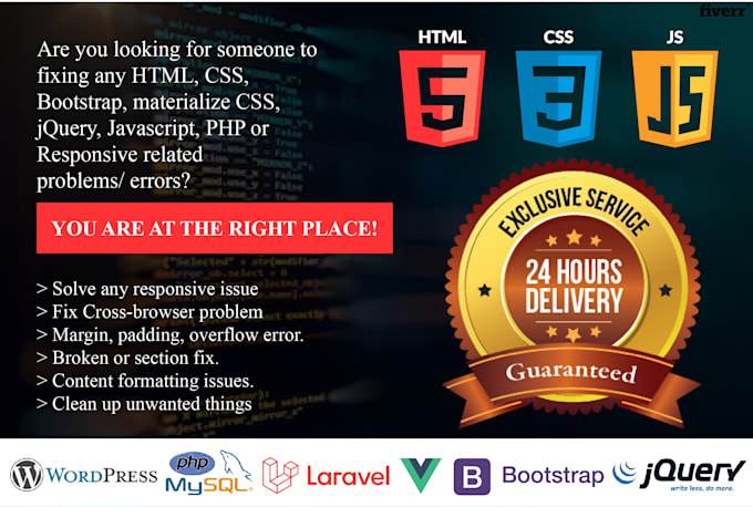 Fix any html, css, javascript, responsive and bootstrap issues by ... Fix any html, css, javascript, responsive and bootstrap issues by ...
