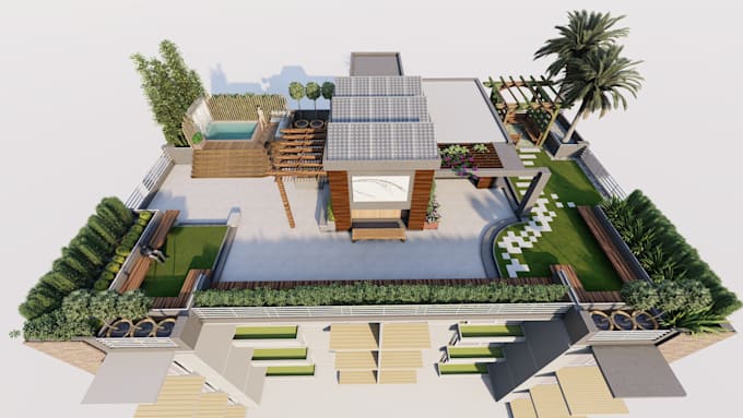 Design rooftop garden, backyard, patio, pool, landscape and render 3ds ...