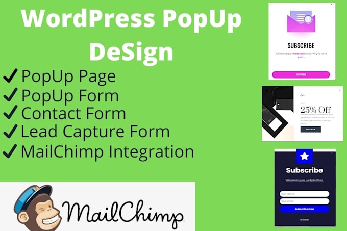 Design wordpress popup, pop up form, contact form with mailchimp integration