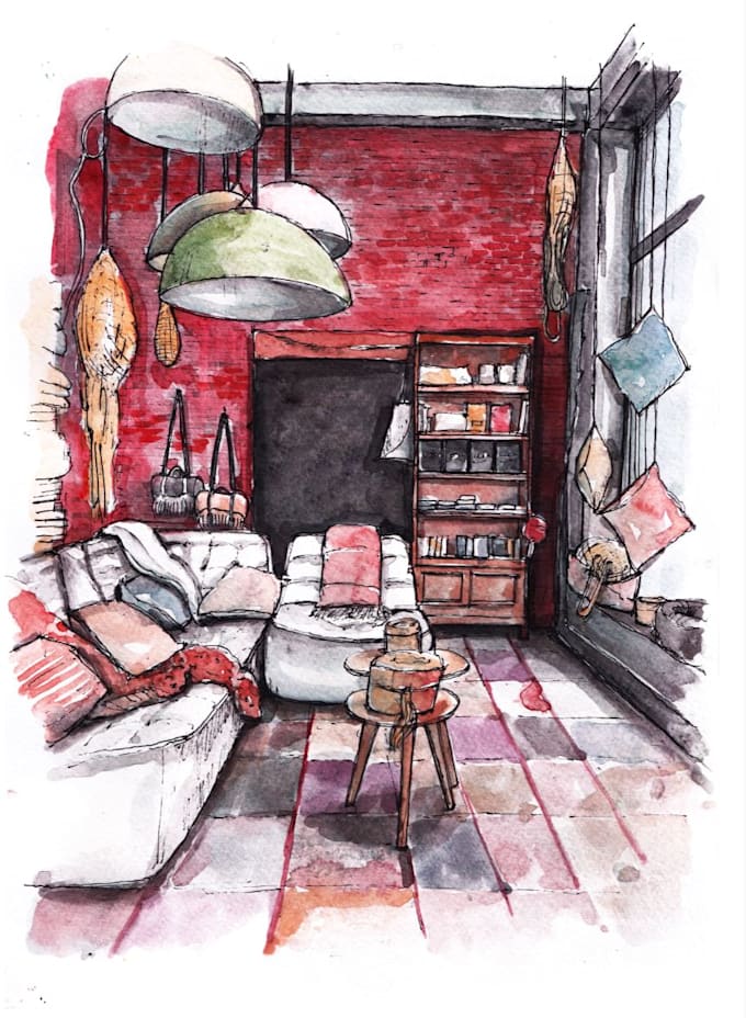 Draw watercolor hand drawings of shop and house interior designs by ...