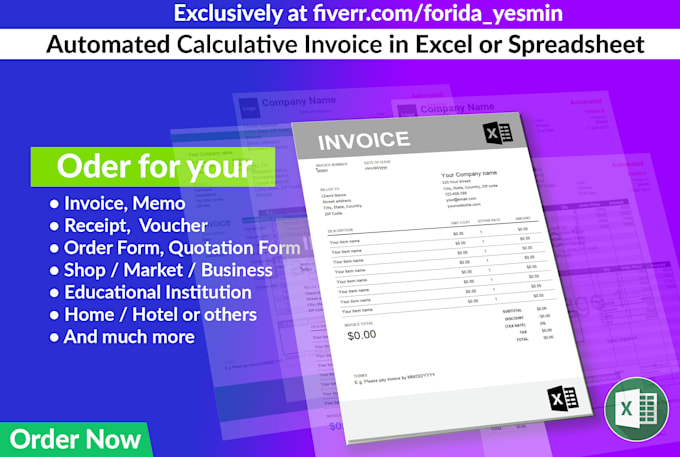 Create An Auto Calculative Invoice In Excel Or Spreadsheet By Forida