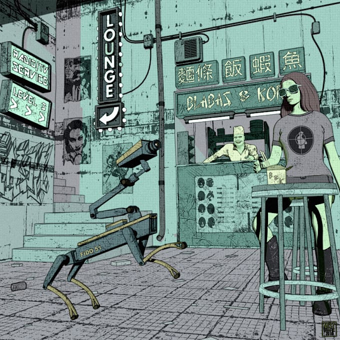 Create a gritty comic style science fiction illustration by Mistgrafik ...