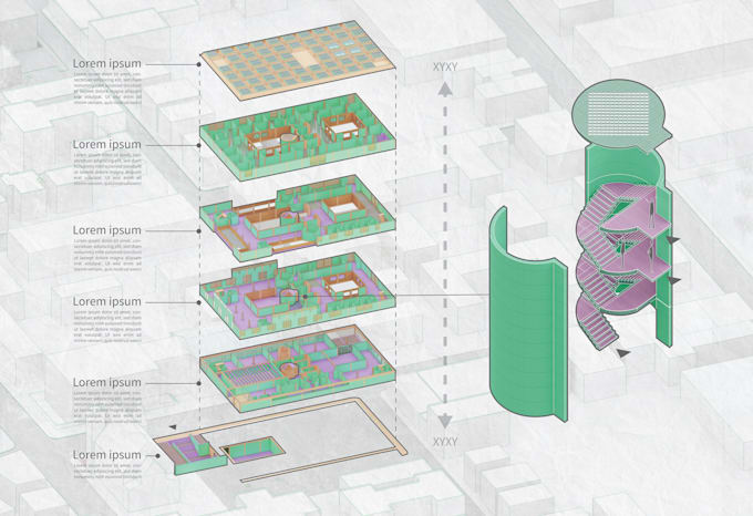 Do axonometric exploded diagram of your building or a concept graphic ...