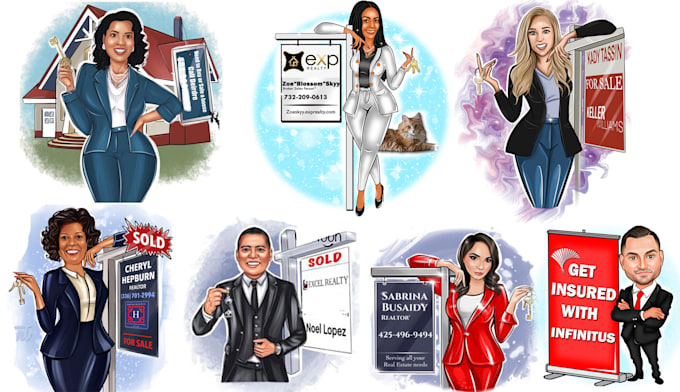 Draw real estate agent branding, house seller mascot realtor logo ...