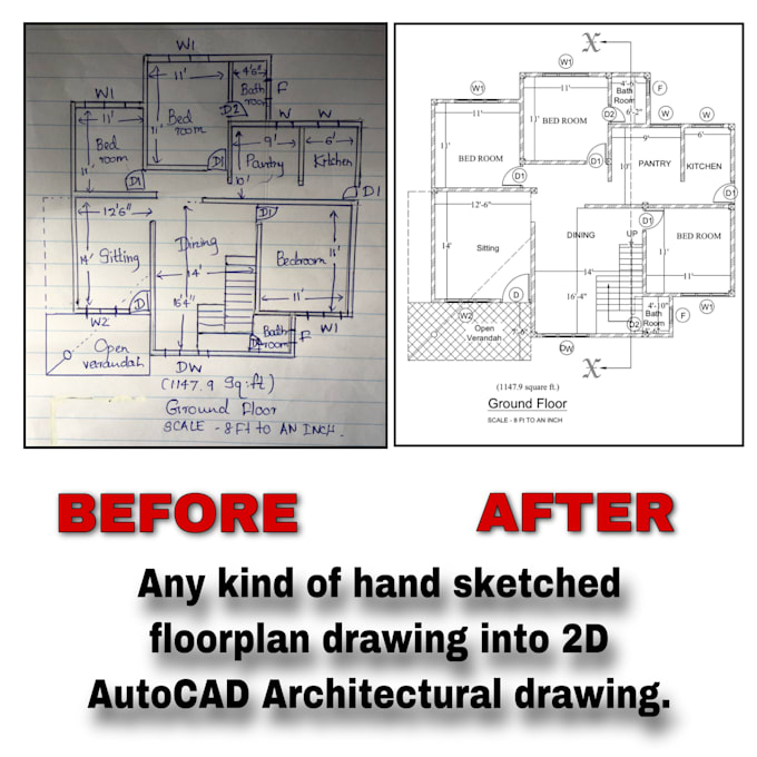 Redraw your hand sketched architectural drawings using autocad by ...