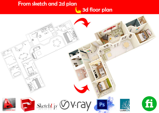 Convert 2d floor plan into 3d floor plan by Iparchitect100 | Fiverr