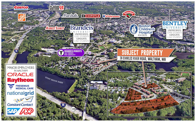 Create a clean retail trade aerial map with site arrow, logo labels and ...