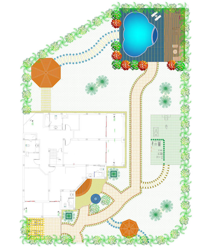 Create an unique landscape 2d design , exterior,backyard,pool,frontyard ...