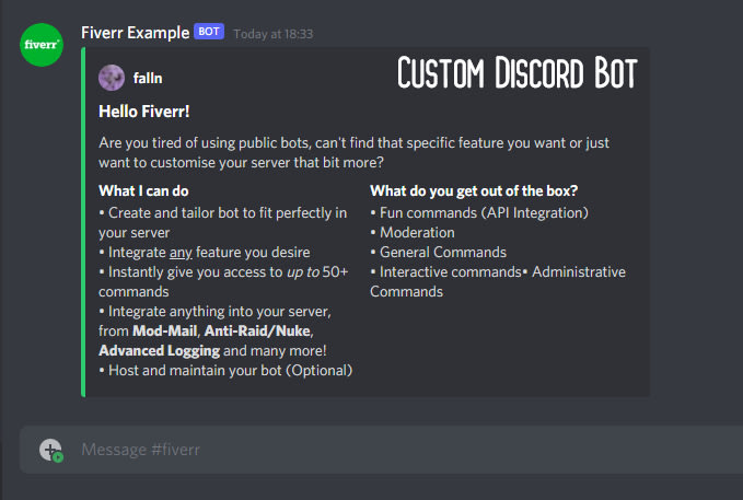 Create a custom discord bot for you by Fallndevs | Fiverr