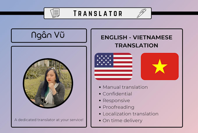 Manually translate from english to vietnamese by Vchn1027 | Fiverr