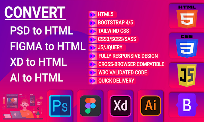 Convert psd to html, figma to html, ai to html, xd to html with ...