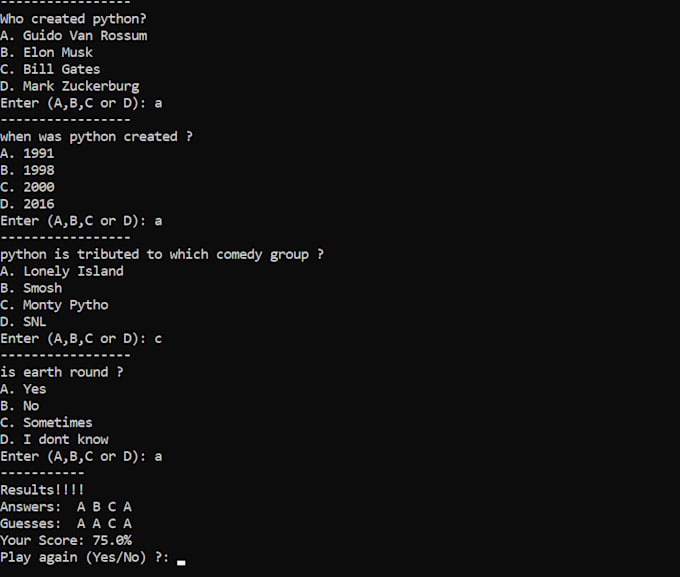 Make a simple basic quiz game in python by Wartywarthog409 | Fiverr