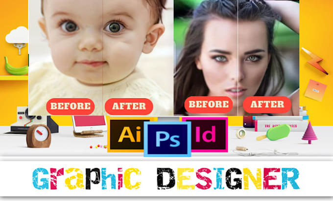 Do photoshop work, change background, adobe indesign and others ...