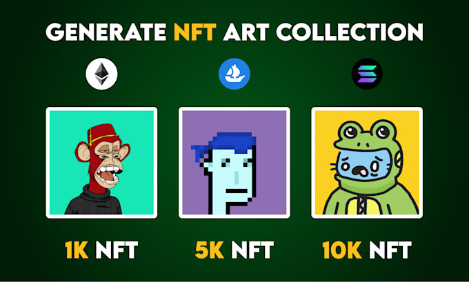 Generieren sie eine 10.000-nft-kunstsammlung mit metadaten und seltenheit für ethereum oder solana