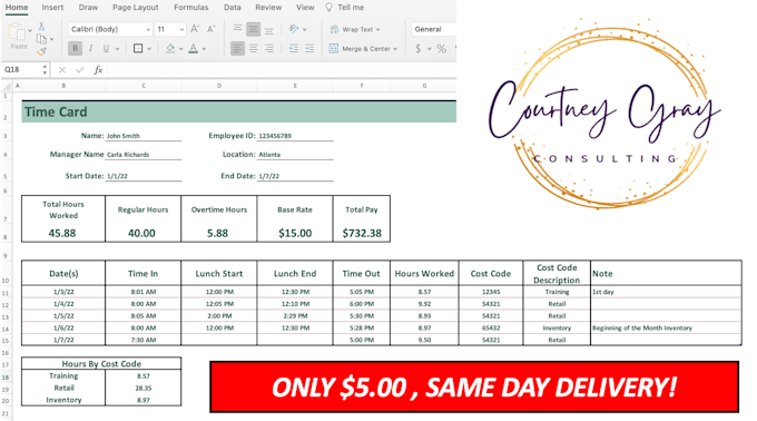 Provide a custom and automated timesheet template by Cgrayconsulting ...