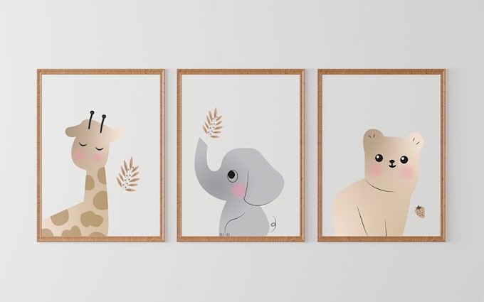 Design cute animal wall art for nursery or kids room by Artnixc | Fiverr
