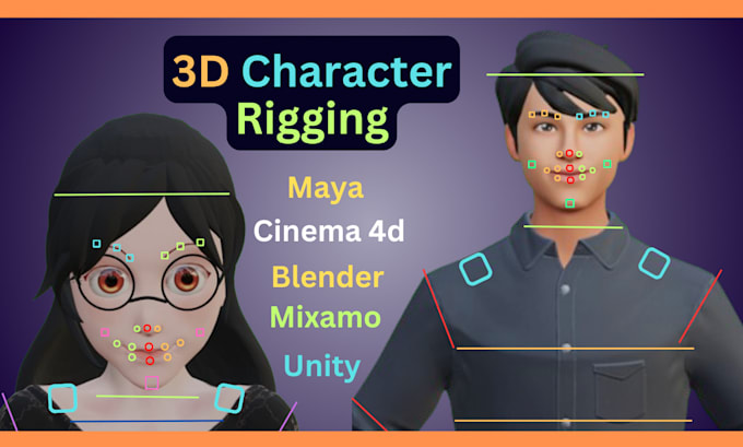 Do 3d character rigging in maya, cinema 4d , blender, mixamo, unity ...