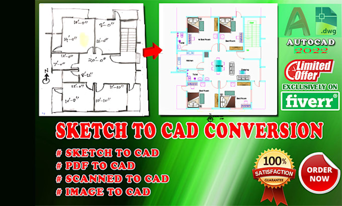 Drawing convert to autocad raster 2d plan by Plabon_pk | Fiverr