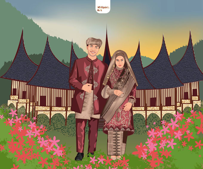 Draw couple portrait illustration wearing indonesian traditional ...