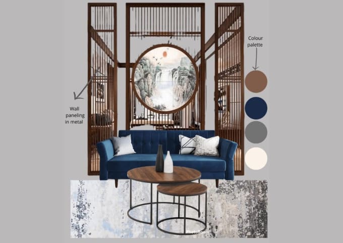 Create an interior mood board, floor plan with furniture layout for ...