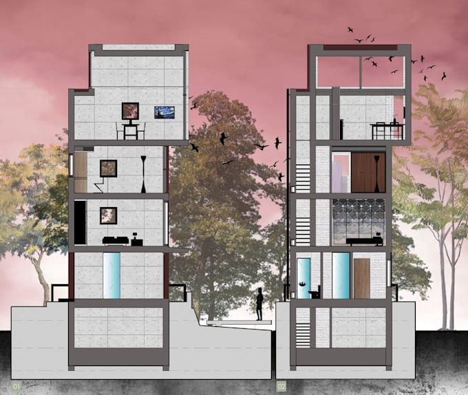 Render section and elevations on photoshop by Alizeyhali | Fiverr